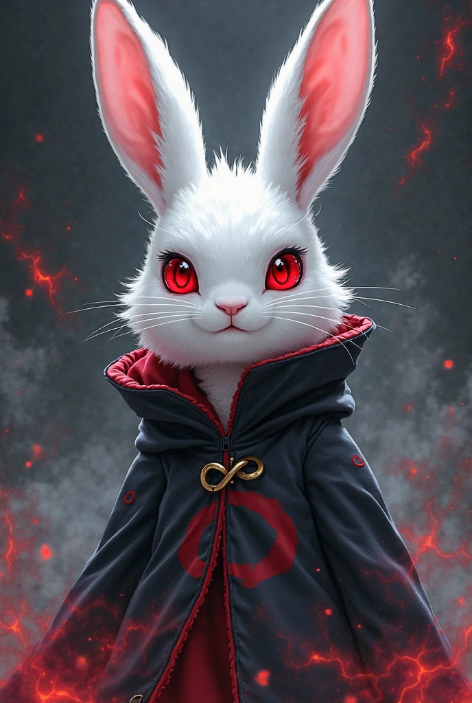 Make an image of a white rabbit with sharingan eyes with Akatsuki ...
