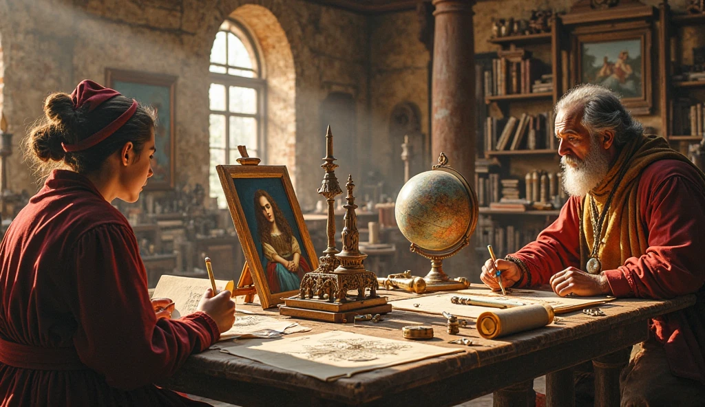 A bright workshop in Renaissance Italy, filled with scholars - SeaArt AI