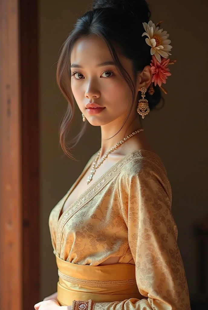 A beautiful young Myanmar (Burmese) woman, traditional look, wearing ...