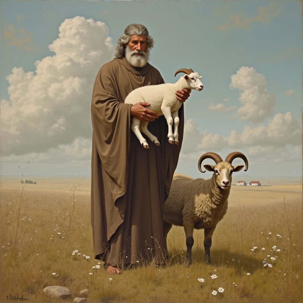 Man from Arafat in a brown robe holding a sheep in a field, Cult of the ...