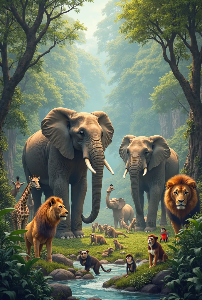 An image of elephants and different kinds of animals in a meeting in ...