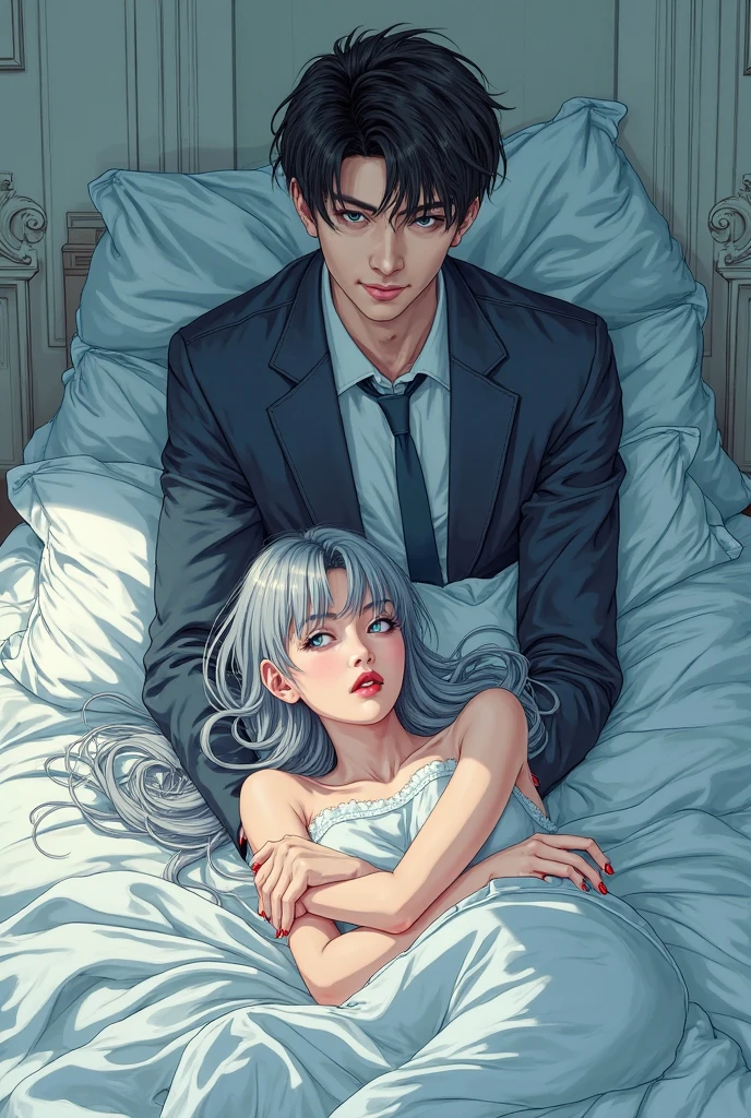A manhwa panel of Joo jaekyung from Jinx manhwa with a girl with gray ...