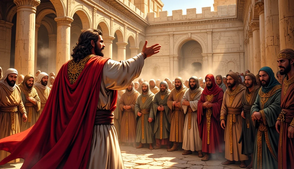 Powerful dramatic scene in ancient Jerusalem Temple courtyard - SeaArt AI