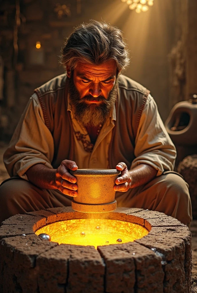 Realistic ancient scene: a silversmith sitting in front of a small clay ...