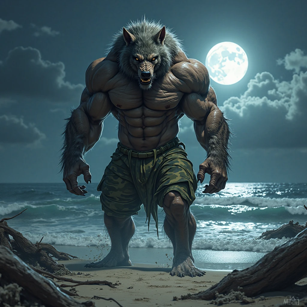 Werewolf bodybuilder in camouflage shorts in the beach by moonlight ...