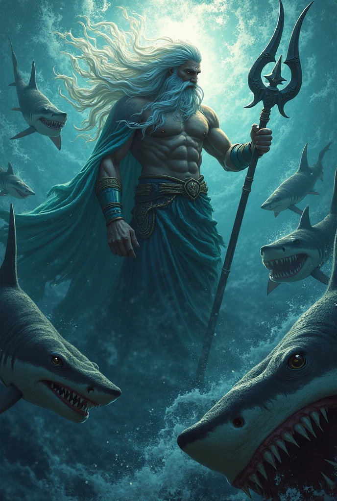 Poseidon angry with sharks - SeaArt AI