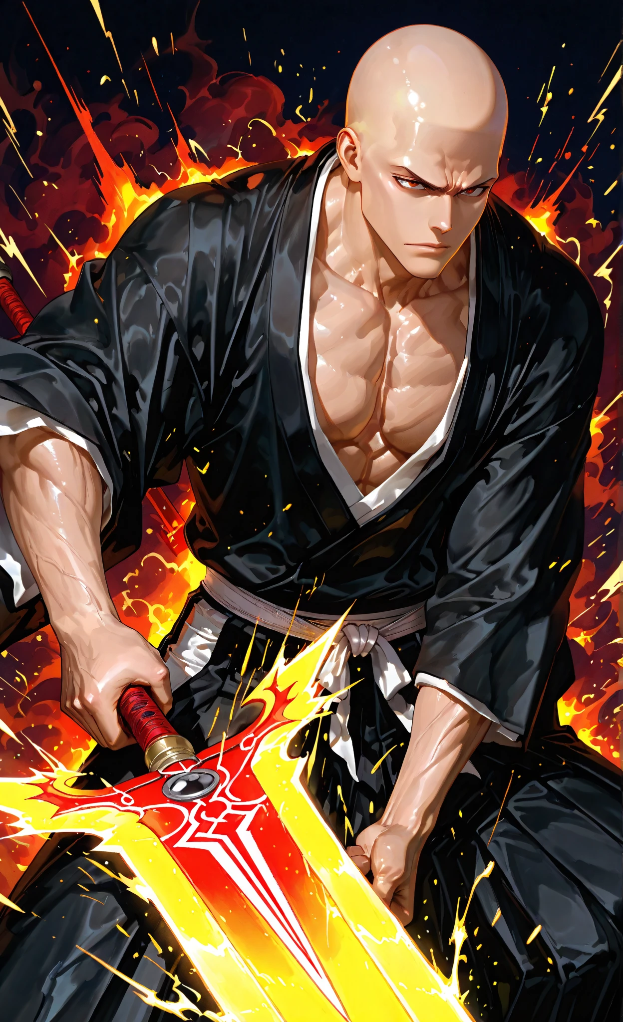 Ultra-detailed anime-style portrait of a muscular bald male warrior ...