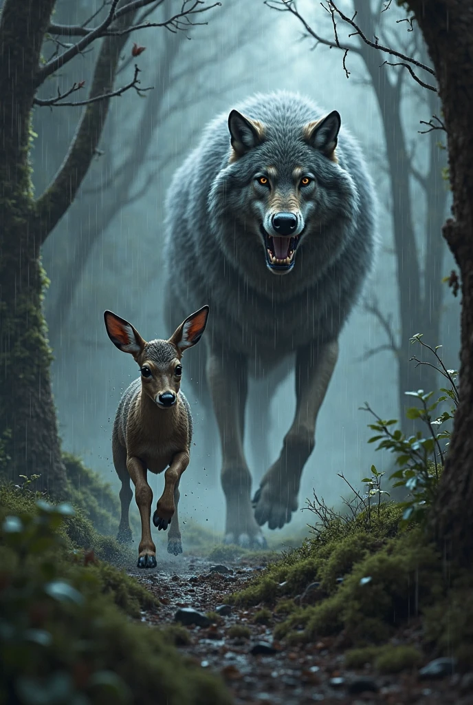 A very small deer escapes from a giant scary wolf in the dark forest in ...