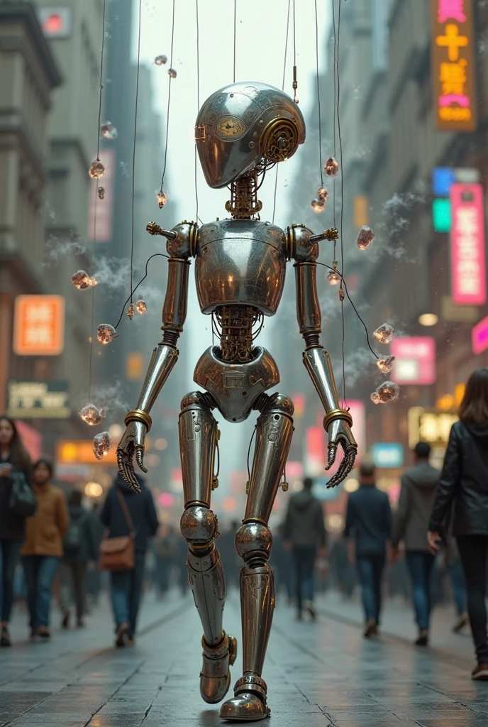Surreal robotic marionette beings parading through bustling city street ...