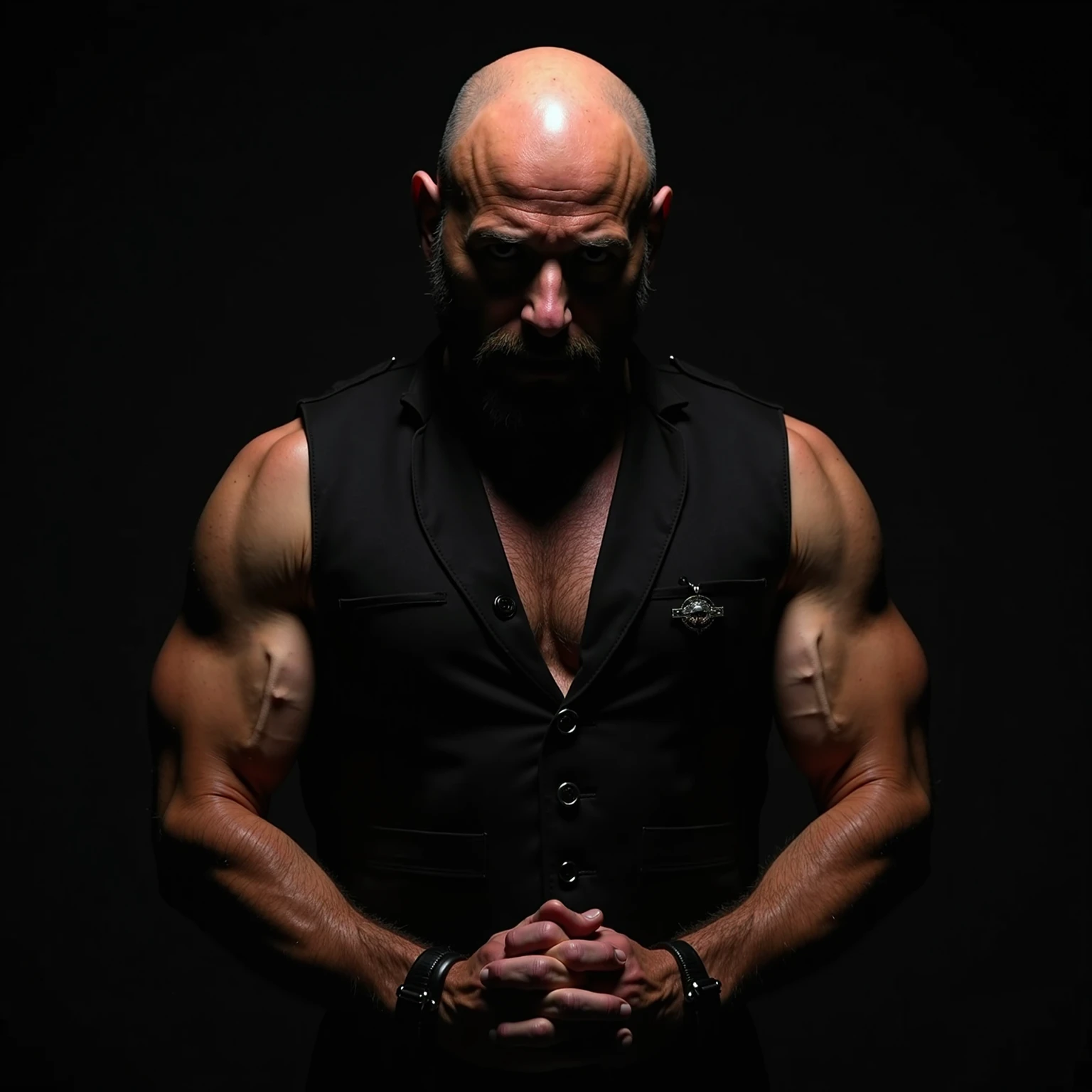 Bald frontman of a rock band