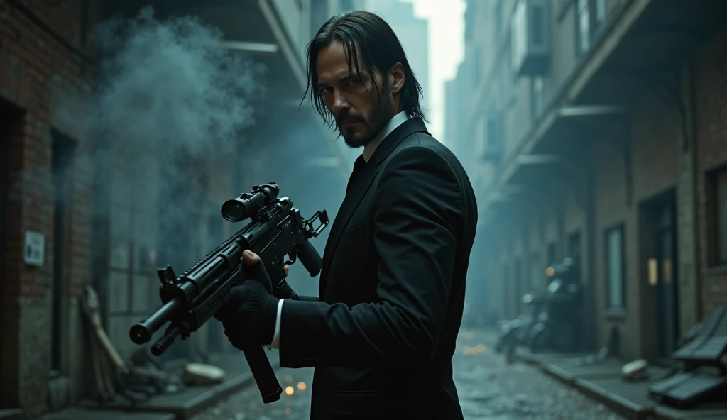 John Wick in a sleek, high-end, bulletproof black suit, tailored to ...