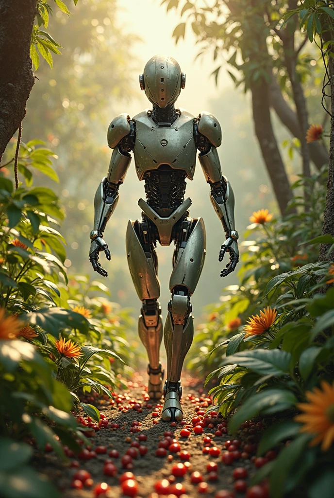 Ultra-realistic, cinematic 3D render of the same robot walking along a ...