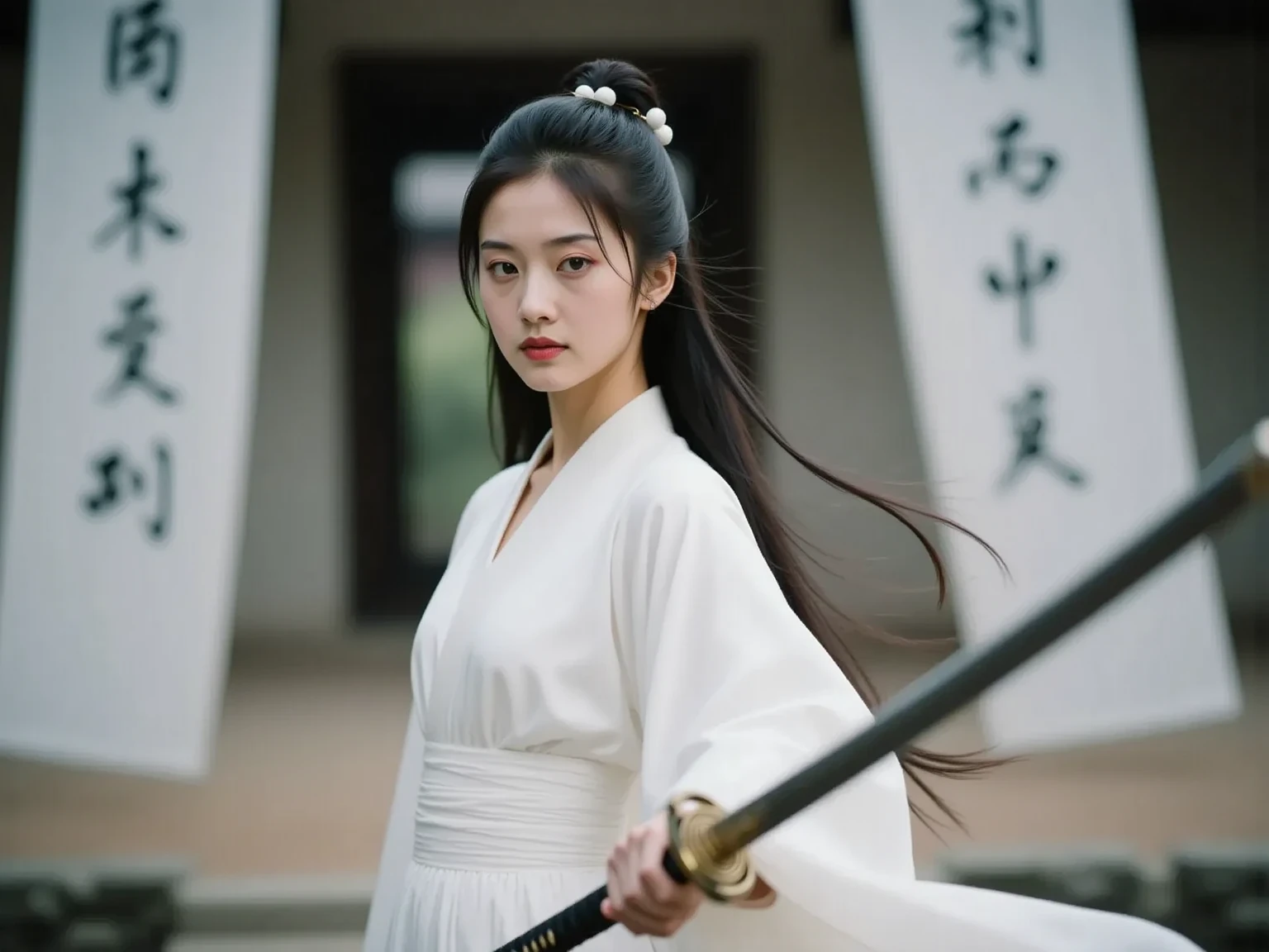 A 20-year-old ancient Chinese female shogun、has a sword、In front of an ...