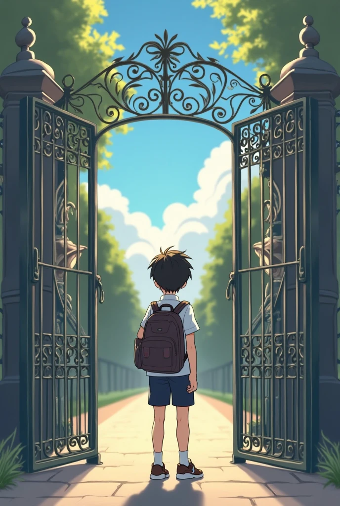Boy standing under the school gate with a bag on his back in anime form ...