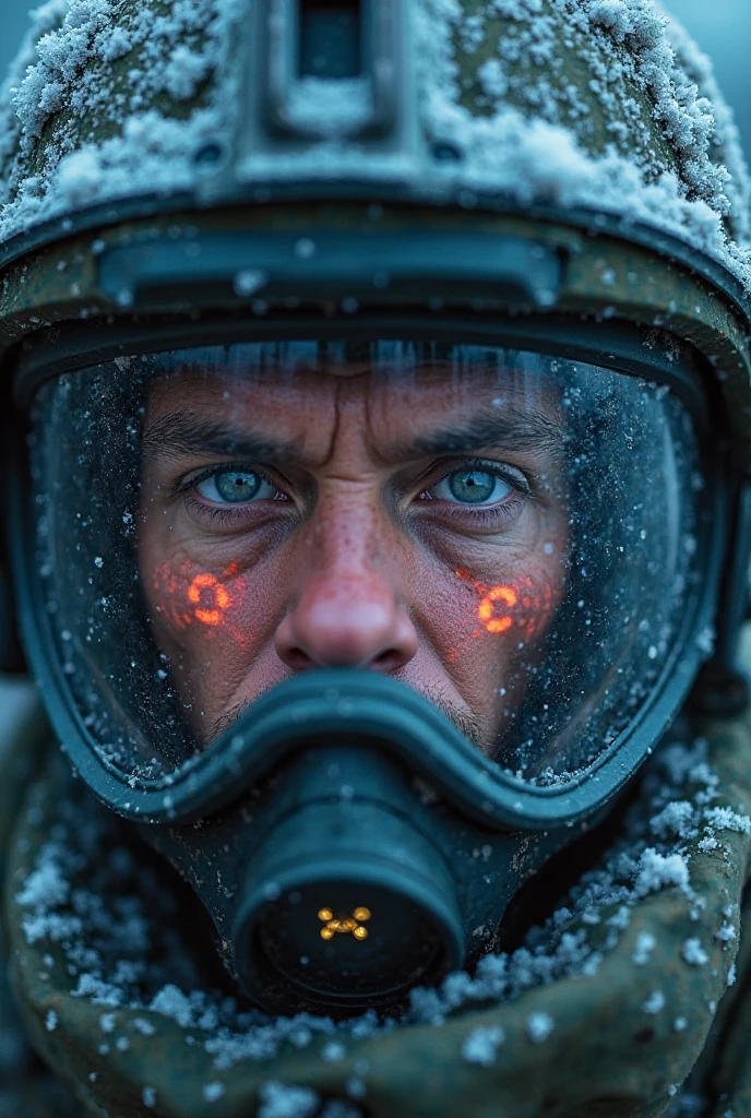 Extreme close-up of a soldier’s eyes through a frost-covered military ...