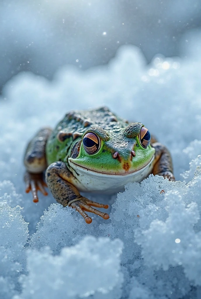 An Alaskan wood frog frozen amidst ice chunks or resting on a surface ...