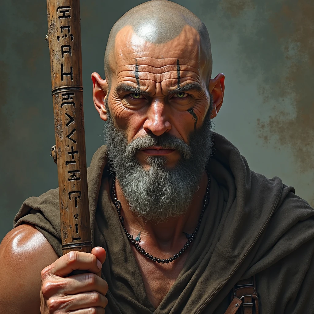 Head: Smooth, bald scalp with scars and subtle shine, weathered yet ...