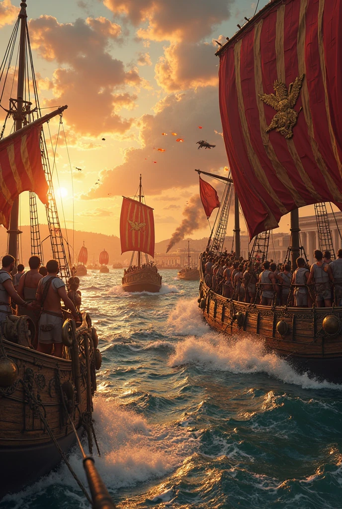 Epic Roman naval battle at sunset, massive quinquereme warships with ...