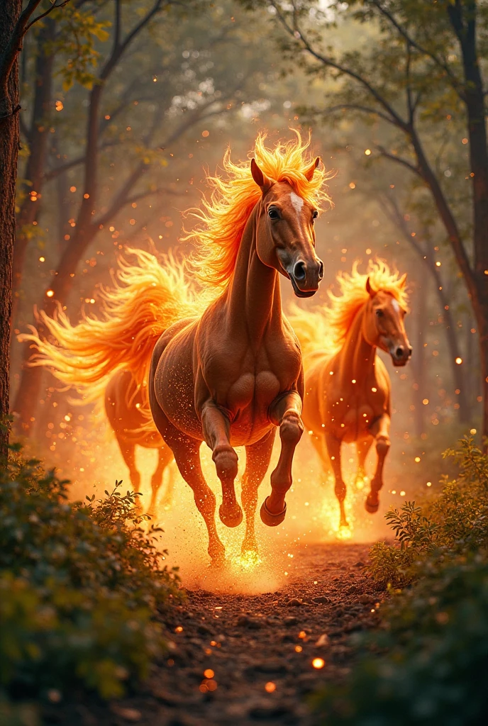 Ja horses of fire scatter sparks in the surrounding forest while ...