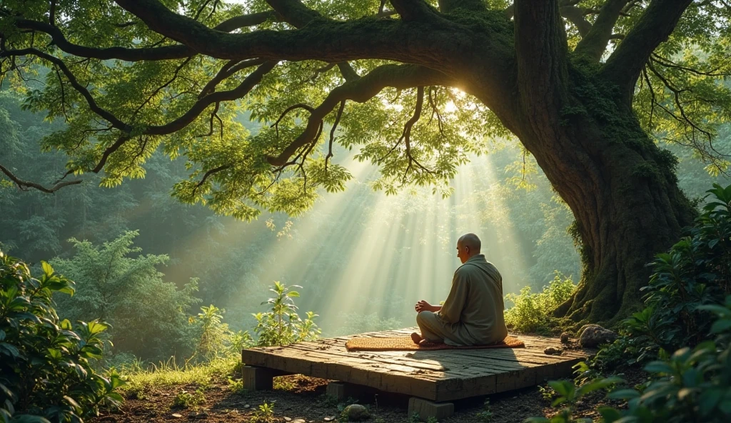 A peaceful sage's sitting area under a large ancient banyan tree ...