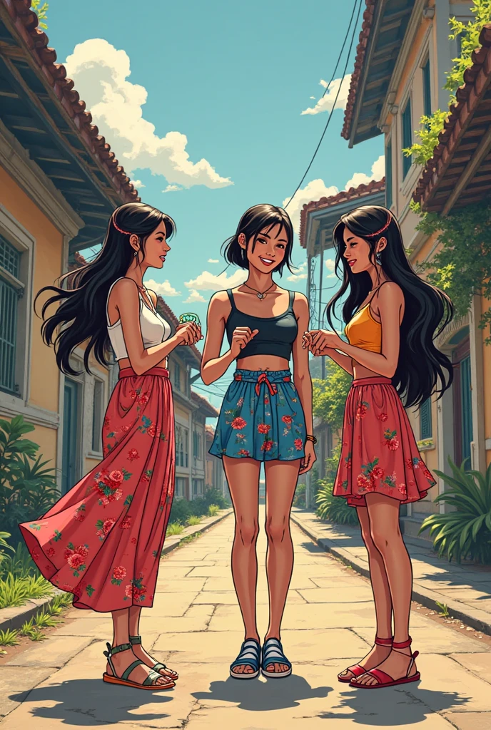 Three girls talking to each other in somewhere in the road with a historical bac - SeaArt AI