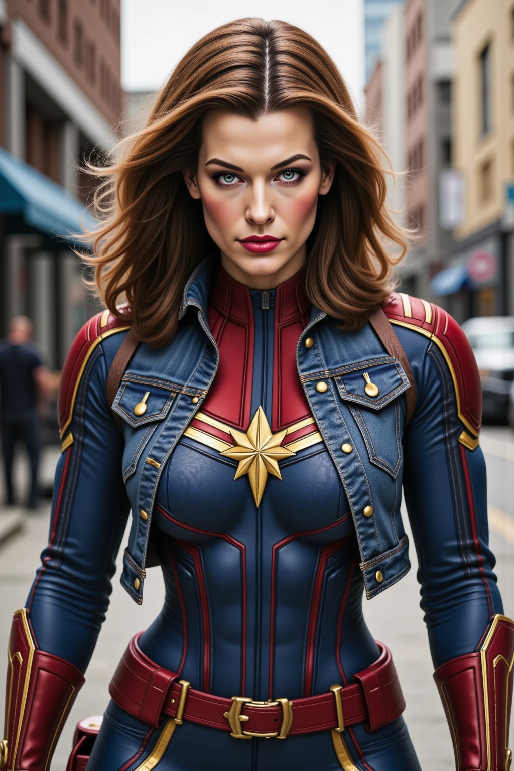 8 k realistic Captain Marvel is wearing a short denim jacket - SeaArt AI