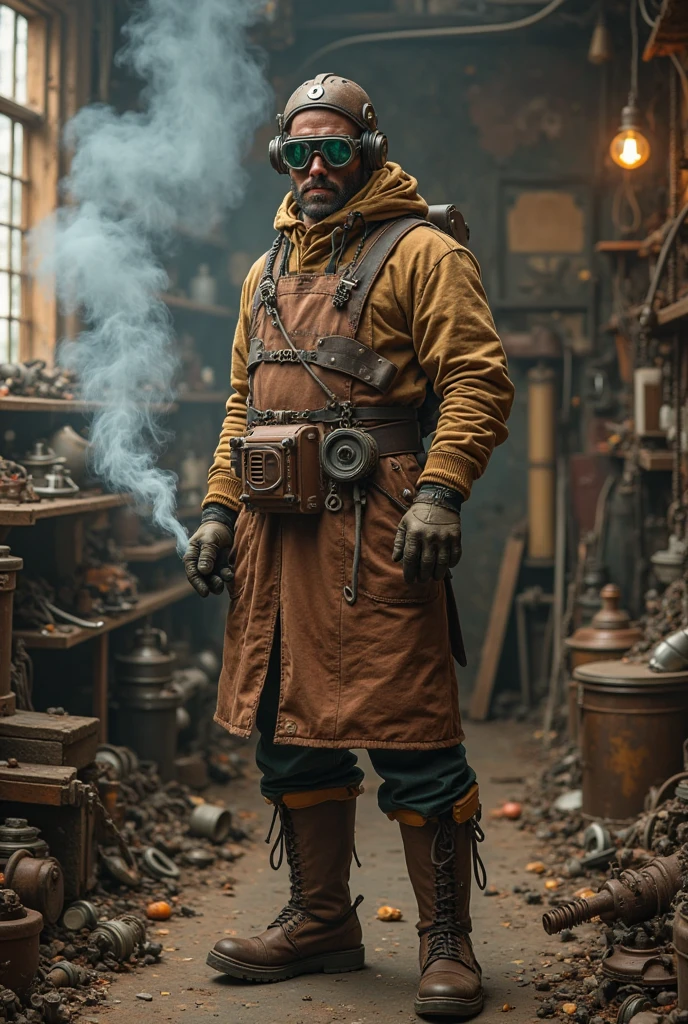 Steampunk style scrap engineer, using protective goggles and leather ...