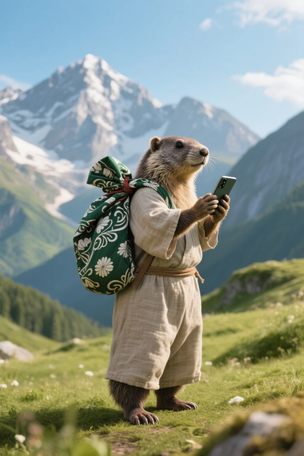 A realistic marmot standing in front of the majestic Alps mountains ...