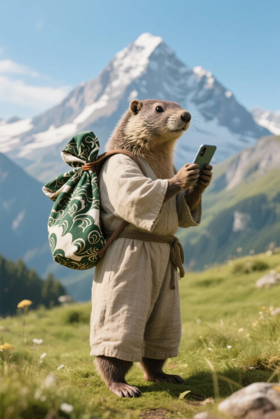 A realistic marmot standing in front of the majestic Alps mountains ...