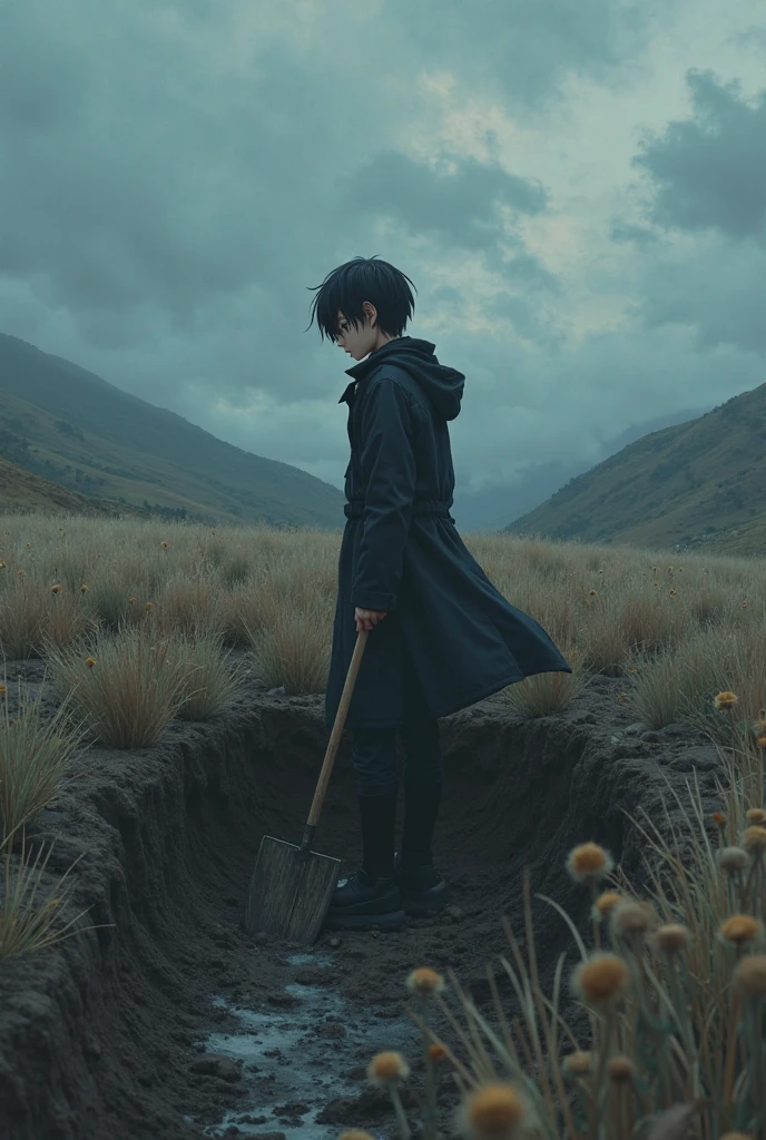Anime boy with black hair digging his own grave aerial shot at an angle ...
