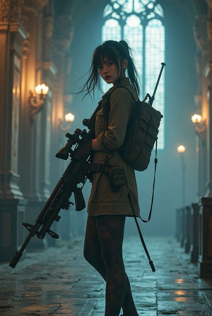 Japanese cute sniper、 dynamic pose 、Standing at the altar of the chapel - SeaArt AI