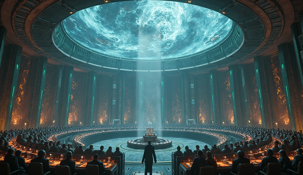 A massive alien war council chamber, crescent-shaped with towering ...