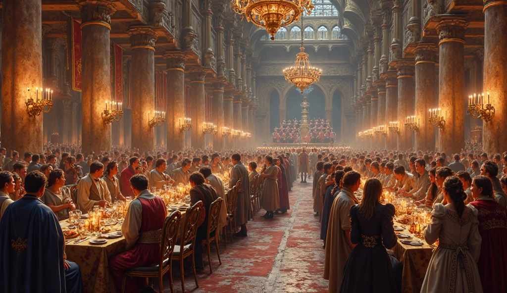 Is a vast medieval hall, a feast . lots of people, in the distance ...
