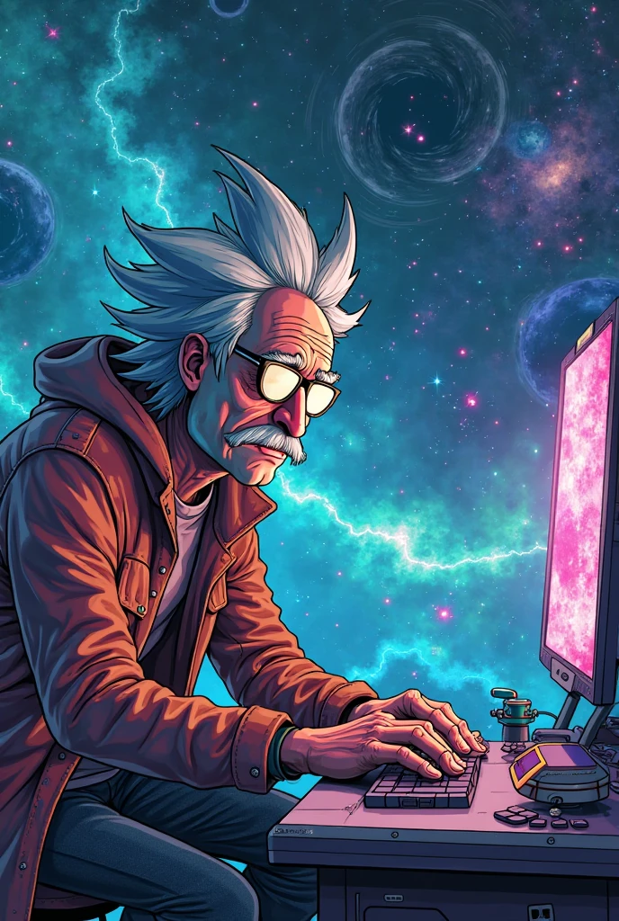Rick Sanchez playing video game with space background, estilo cartoon ...