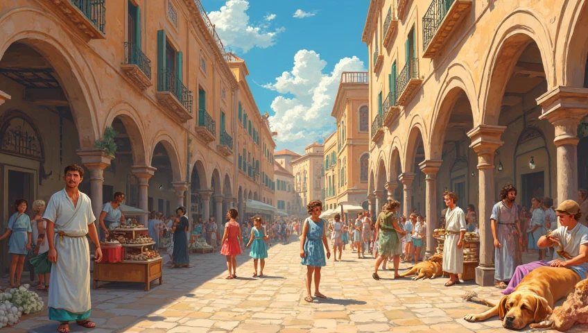 10. A sweeping fresco-style illustration of daily Roman street life ...
