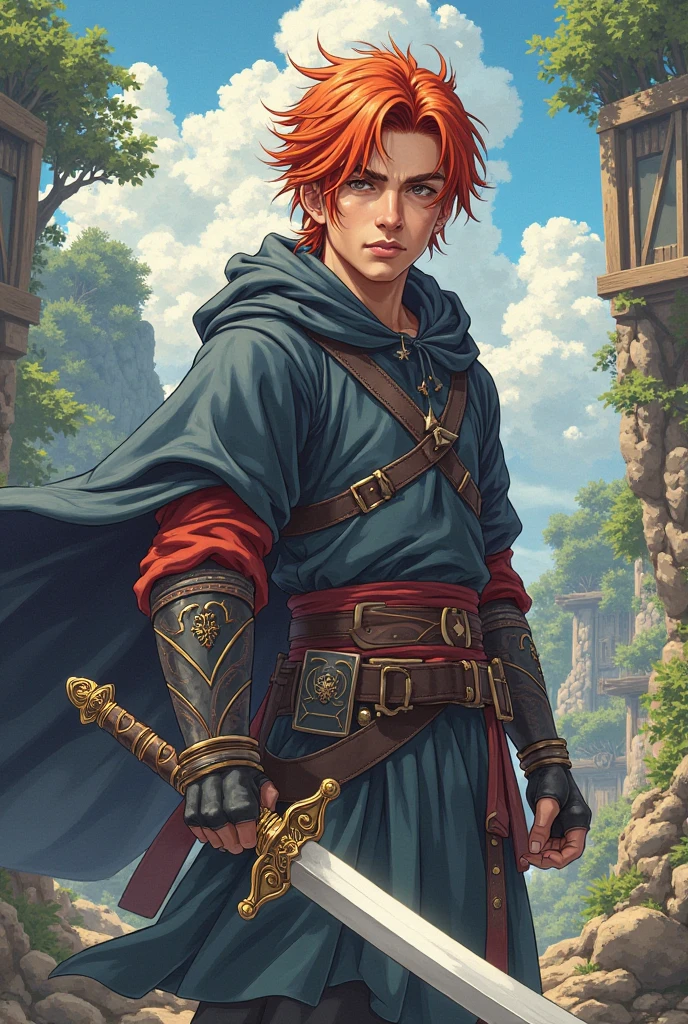 A handsome red-haired warrior is standing with a brave expression ...