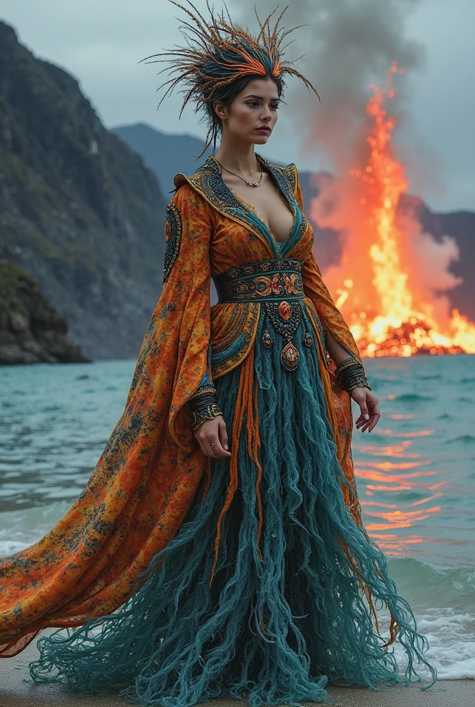 Woman Fantasy costume based on a volcano with water around it - SeaArt AI