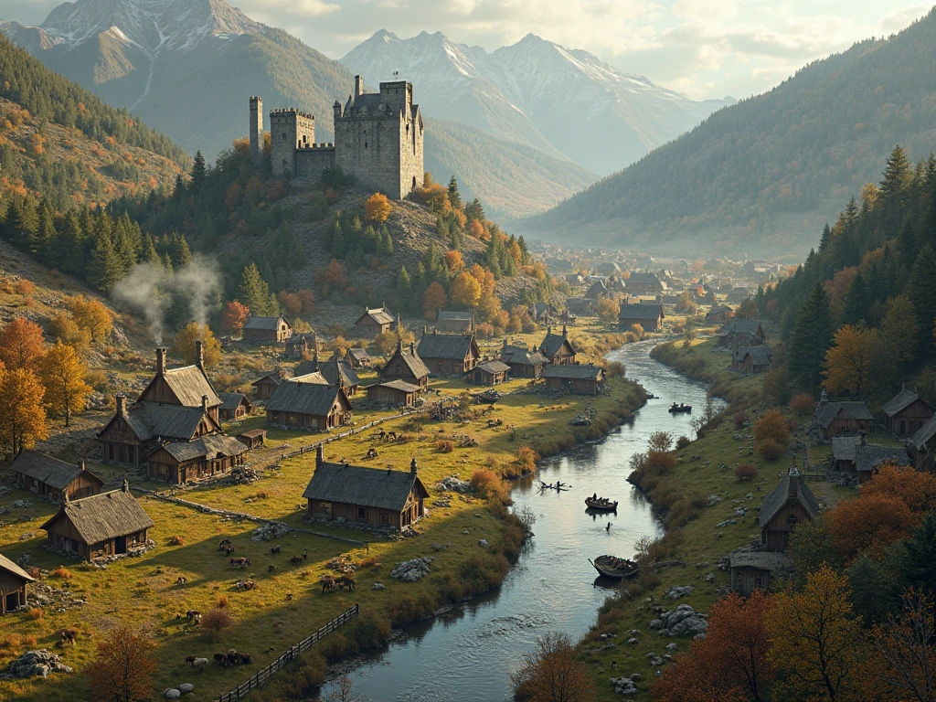 A photorealistic aerial view of a late Dark Ages northern frontier ...