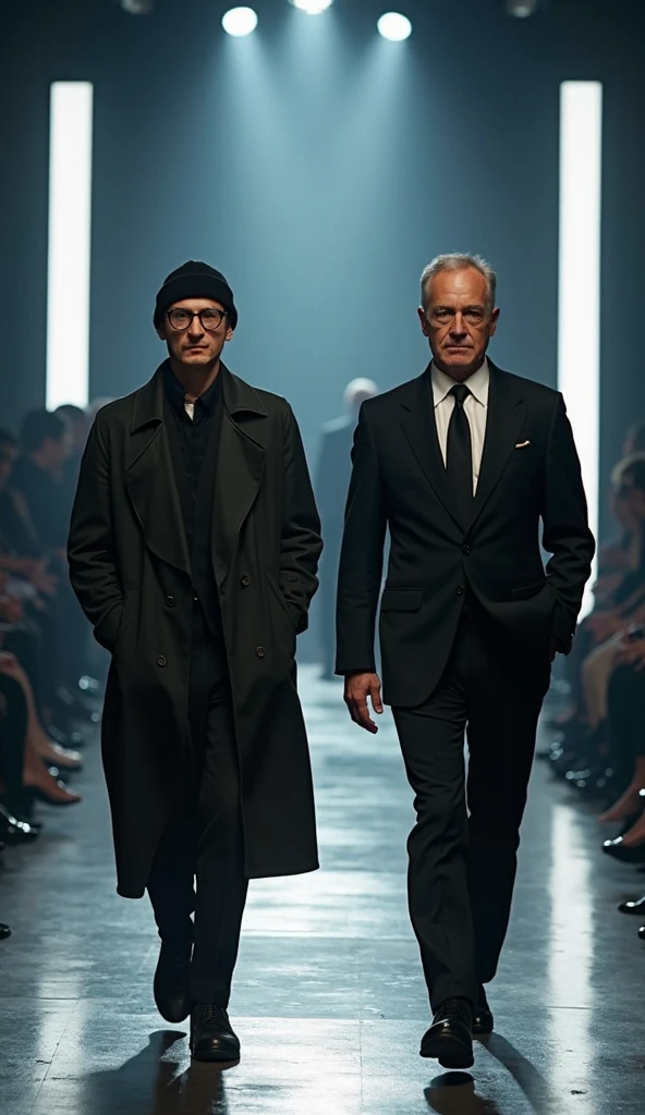 A vertically oriented cinematic runway scene, dimly lit with dramatic ...
