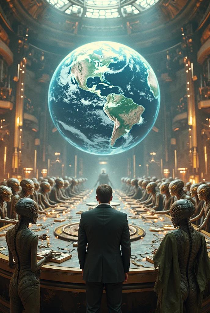 A vast futuristic galactic council chamber in chaos, with multiple ...