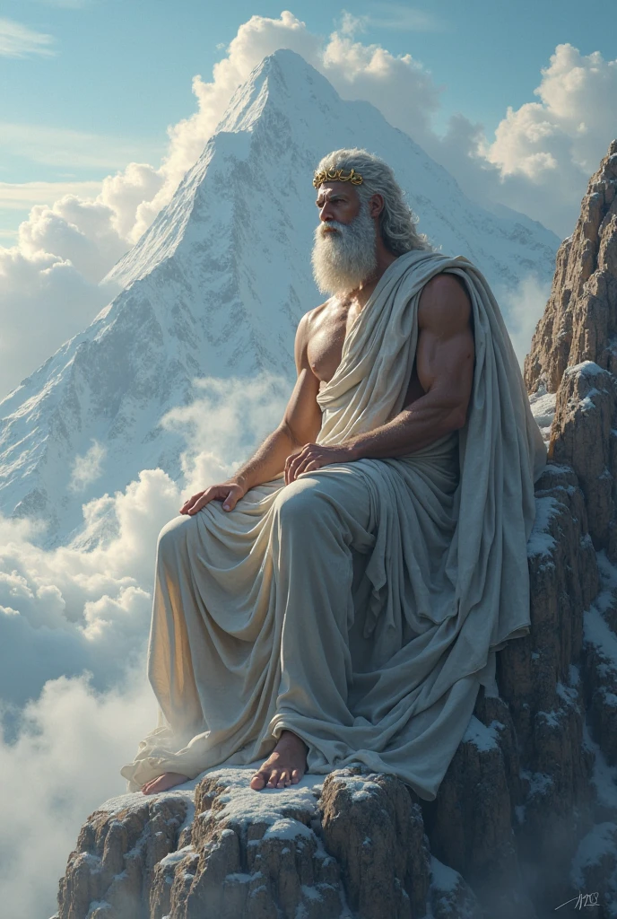 Zeus sitting on a mountain looking down - SeaArt AI