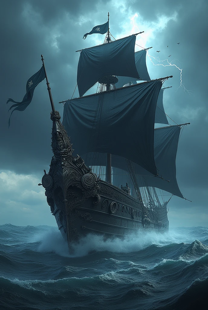 Draw me a black mythical pirate ship of enormous size - SeaArt AI
