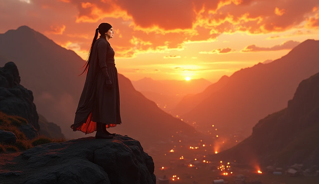 Symbolic shot of Hayme Ana (use character reference) standing on a mountain ridg - SeaArt AI