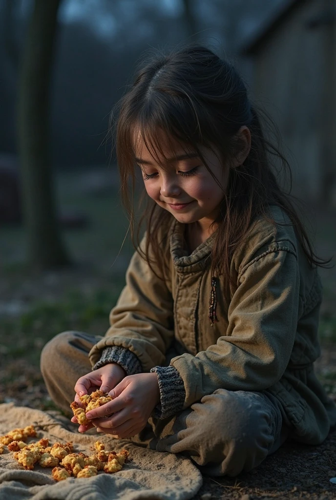 A frail young girl, visibly weak after 7 days without food, sits under ...