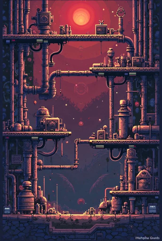 Pixel art of a 2d level with tiles set on a red scenery with pipes ...
