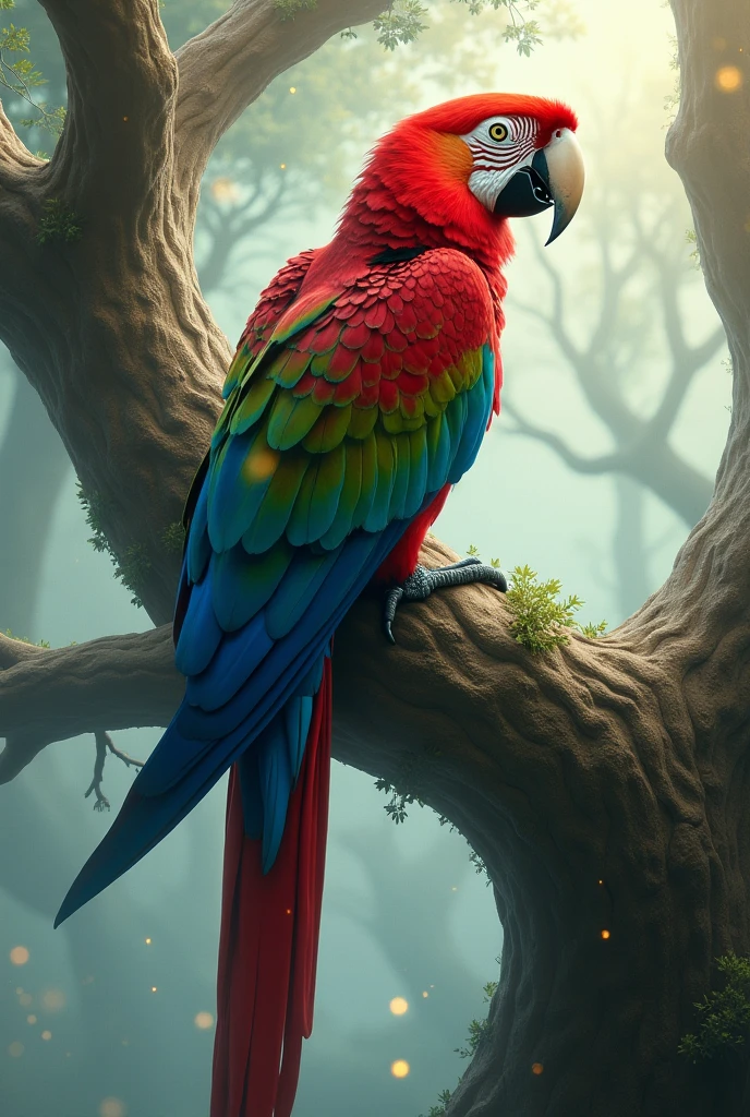 African parrot with vibrant feathers, sitting on a tall magical tree ...