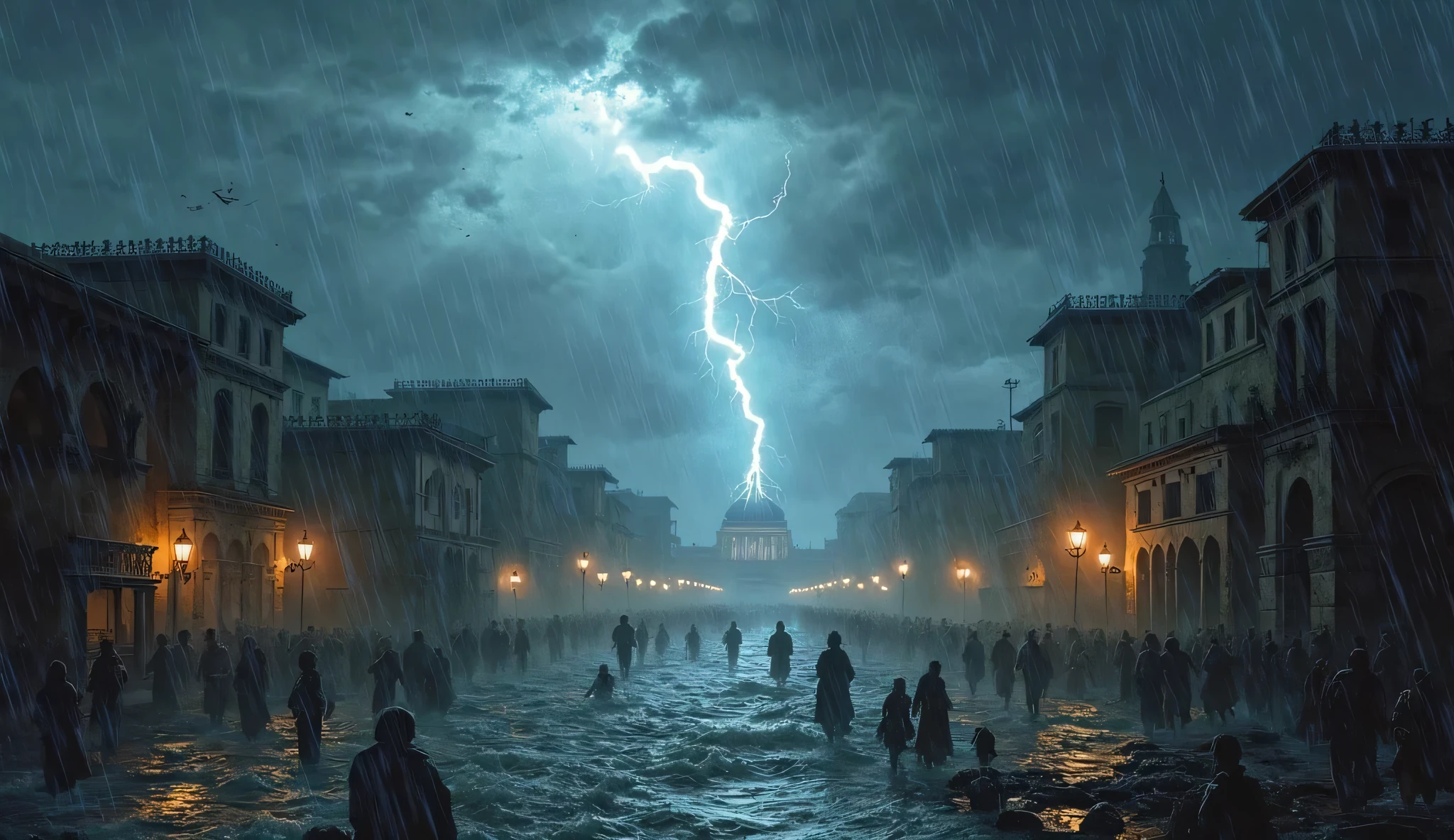 A hyper-realistic depiction of a sudden, violent storm sweeping over an ...