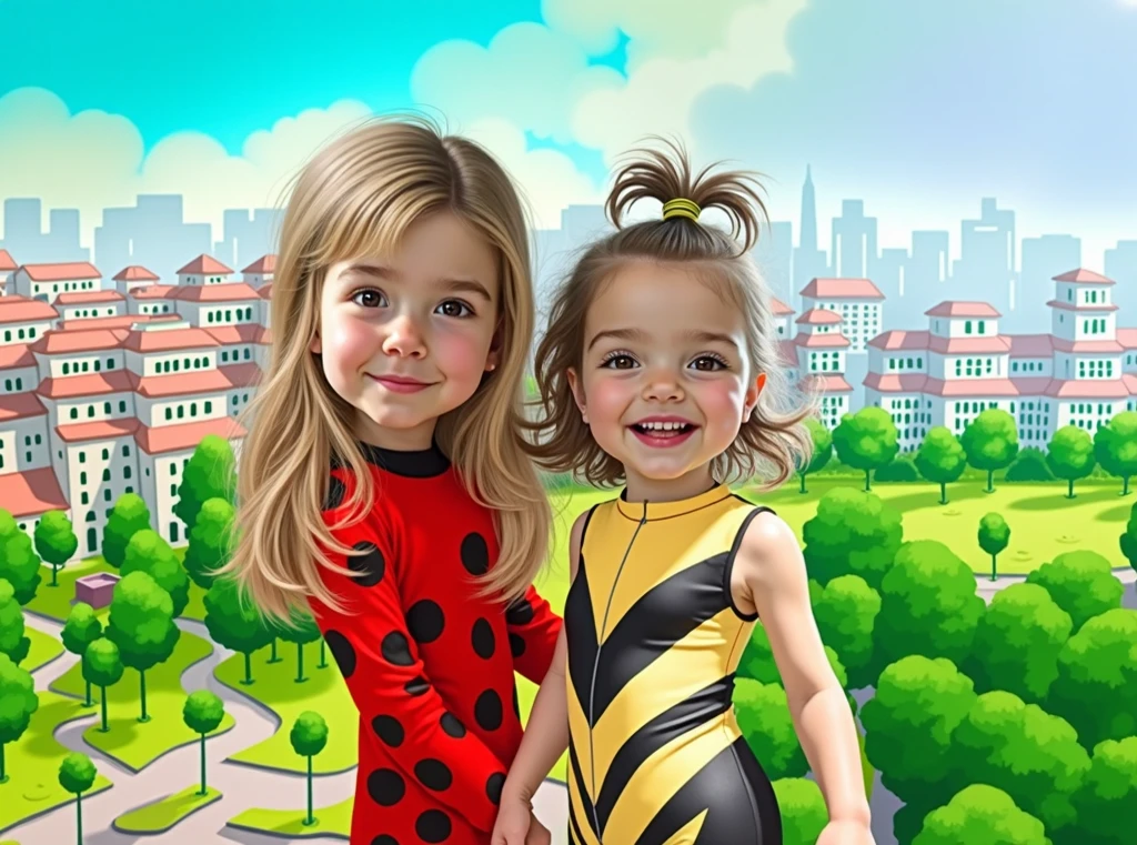 Two very cute baby girls with slightly disheveled hair drawn in colored ...