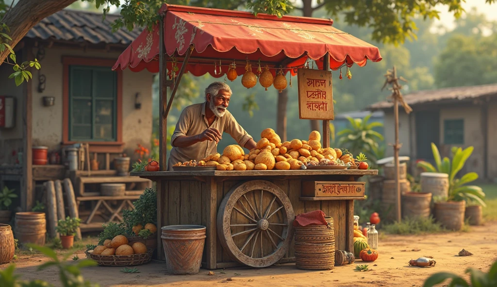 2. A small roadside “pani puri” (fuchka) cart, an elderly, weak man in ...