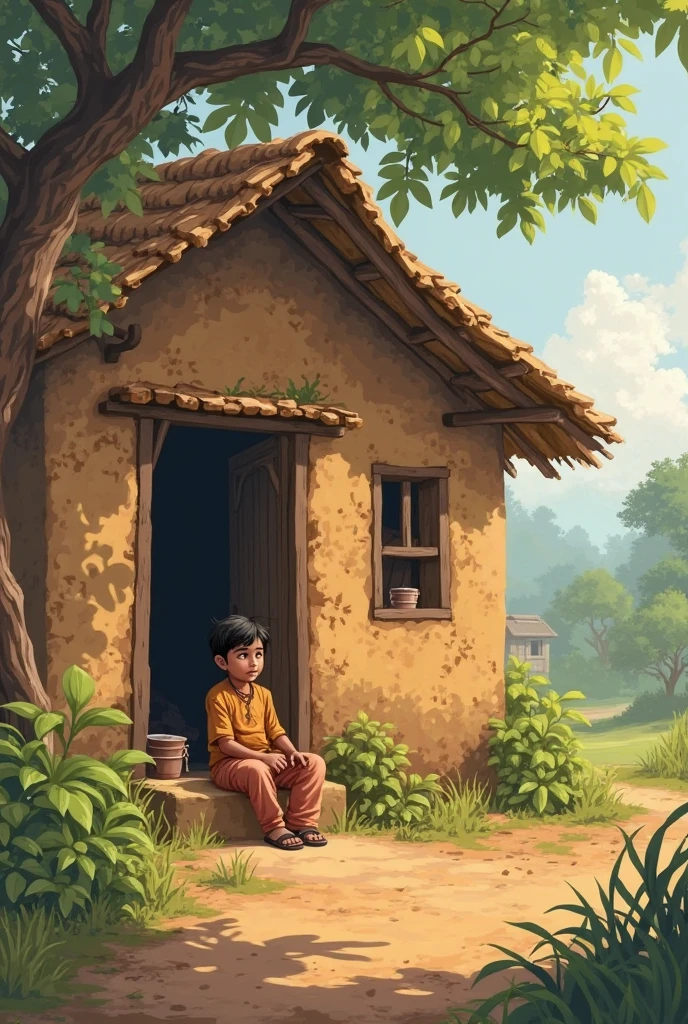 A small village mud house in rural India, with a young boy named Ramu ...